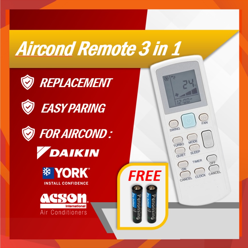 DAIKIN/YORK/ACSON 3 in 1 AIRCOND REMOTE Rectangular Alat Kawalan Jauh ...