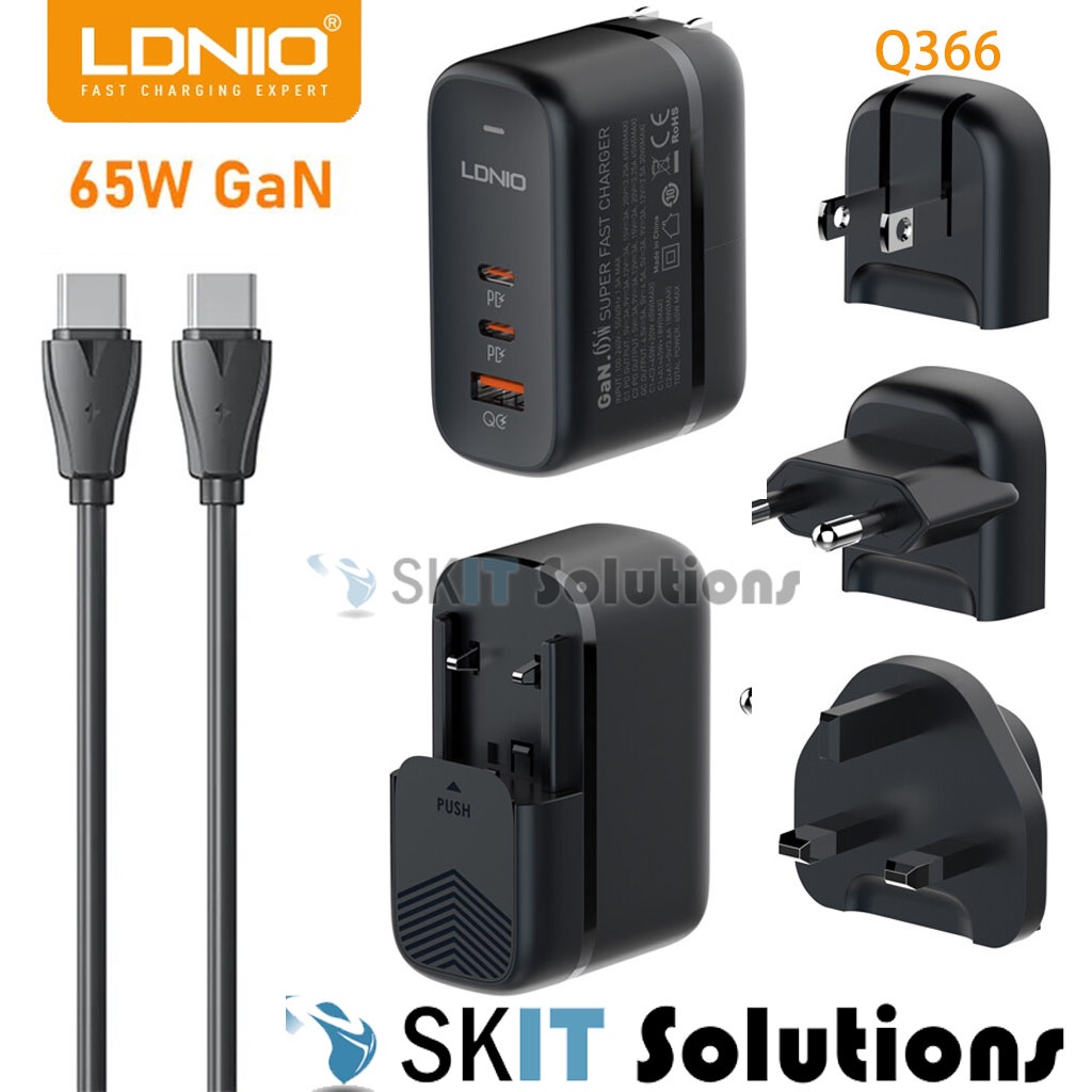 LDNIO Q366 65W GaN Travel Wall Charger with 3 Ports PD QC3.0 Super Fast ...