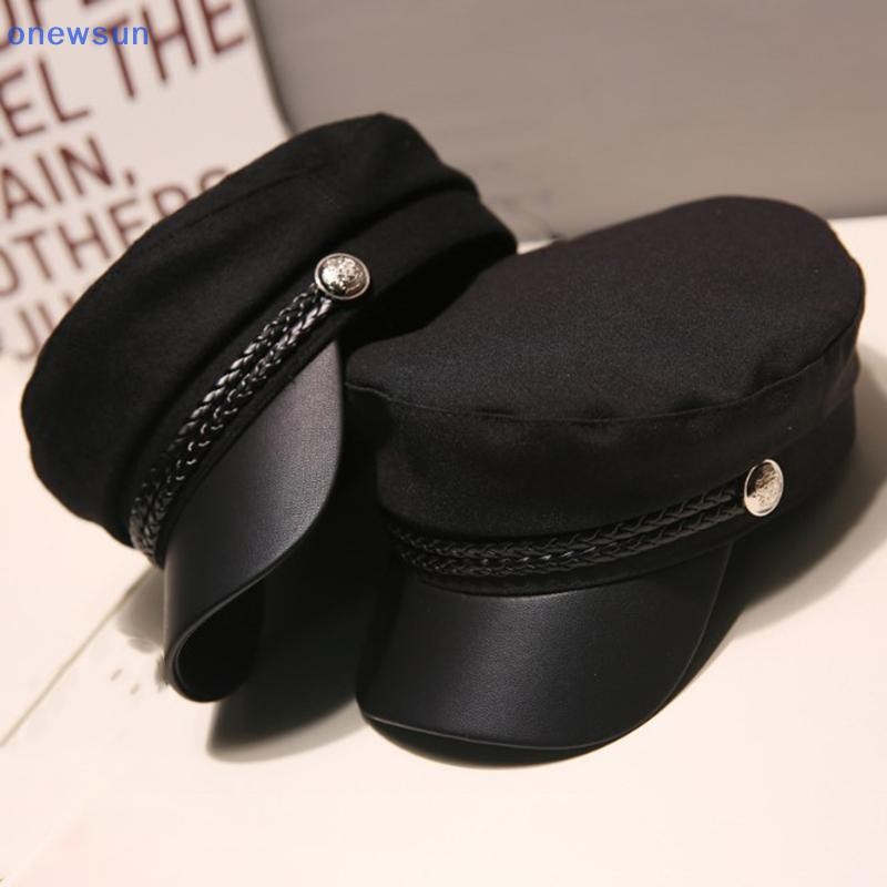 onewsun Leather Hat Sailor Hats Flat Top Captain Cap Travel Cadet Hat ...