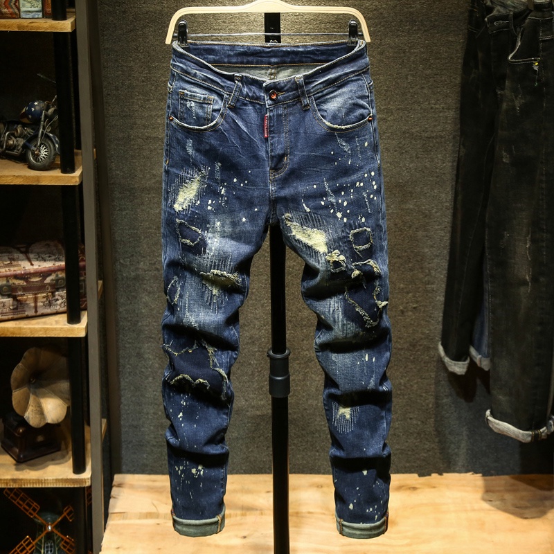Fashion Men's Holes Ripped Torn Denim Jeans Destroyed Vintage Blue ...