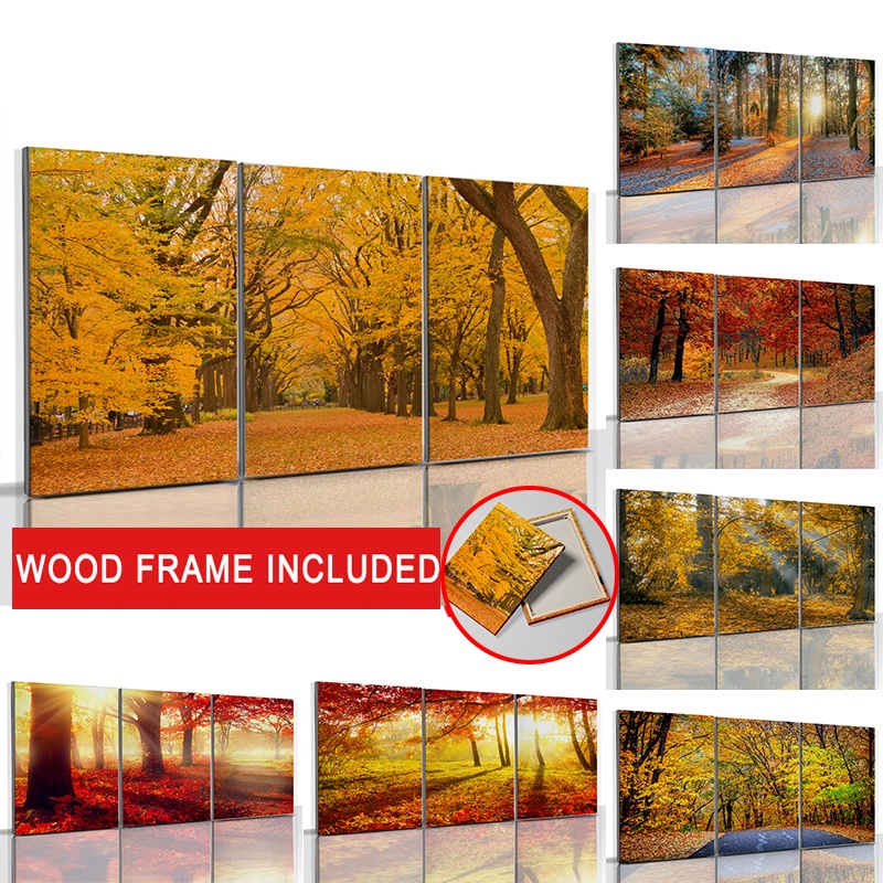 （With Frame）3PCS Autumn Landscape Poster Yellow Leaves Trees Canvas ...