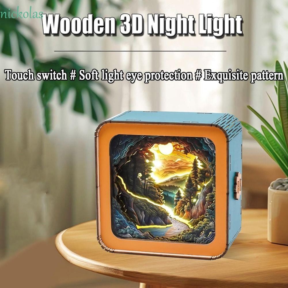 NICKOLAS Wood Carving Lamp, 3 Colors Touchable Switch 3D Wooden Puzzle ...
