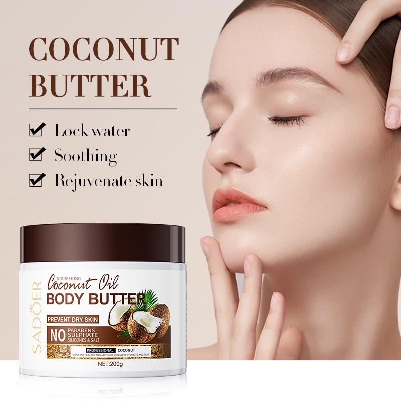 SADOER Nourishing Coconut Oil Body Butter Moisturizing Hydrating Scented Body Cream 200g ...