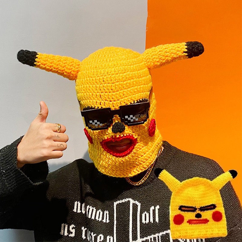 Pikachu Headgear Funny Cartoon Wool Knitting Pokemon Mask Hat Party ...