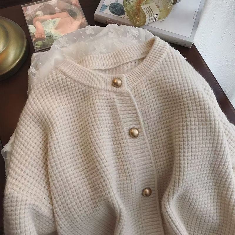 Retro Japanese Cardigan Women's Autumn/Winter Thickened Waffle Knitted ...