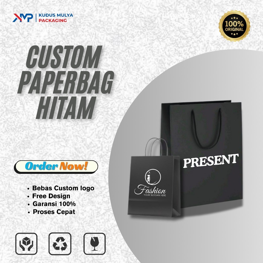 HITAM Custom BLACK PAPER BAG SCREEN PRINTING 15X25X8 / PAPERBAG BLACK ...