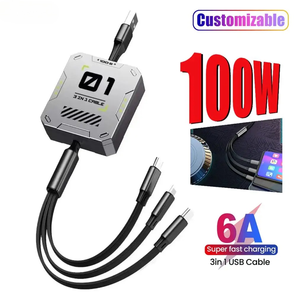 3 In 1 Multi Retractable 100w Fast Charging Cable USB Data Cable ...