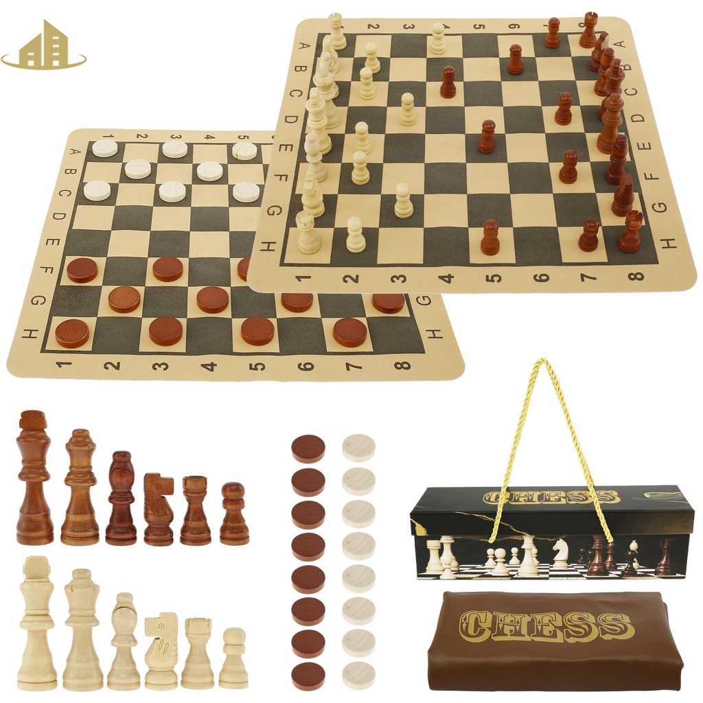 Chess and Checkers Board Set 16inch Leather Wooden 2-in-1 Folding Chess ...