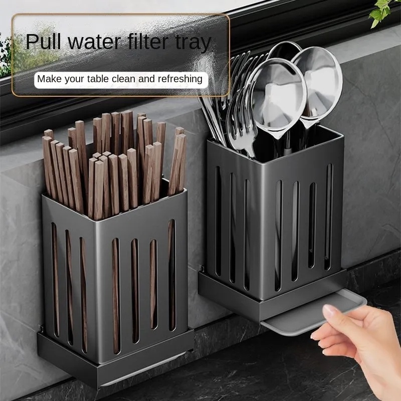 【2pcs】Kitchen Spoon Storage Tube No-Punch Wall-Mounted Countertop Dual ...