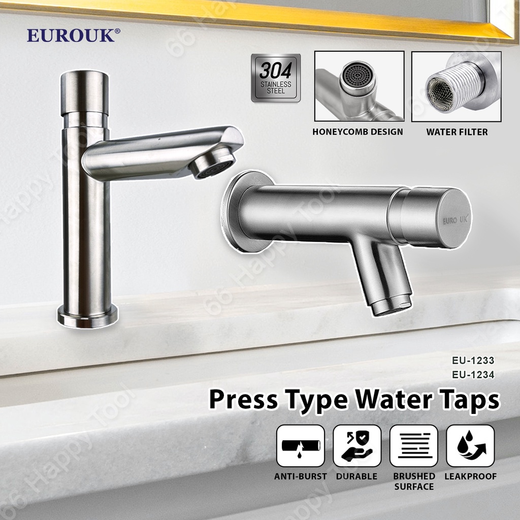 EUROUK Toiler Taps Sus304 Auto Self Closing Time Delay Pillar Wall Mounted Basin Tap Auto Tutup ...