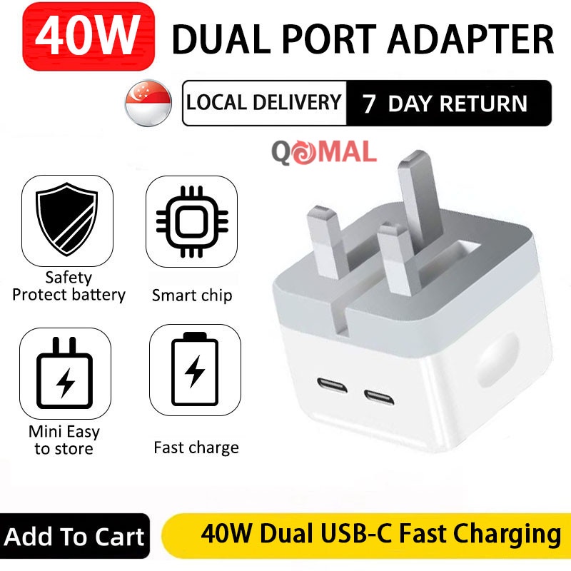 [SG stock] 2 Ports USB C 40W Fast Charging 20W PD Power Adapter Dual ...