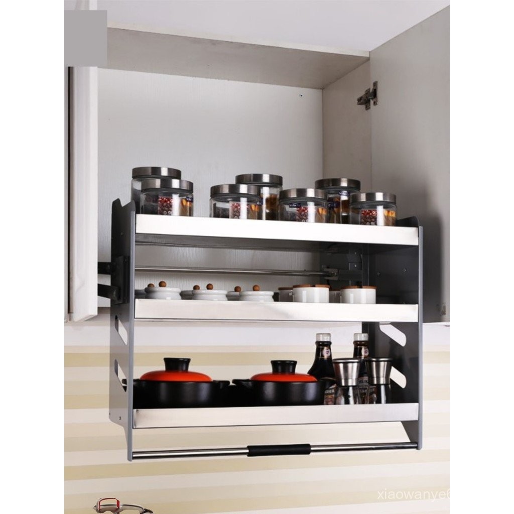 Kitchen Three-Layer Hanging Cabinet with Adjustable Pull-Out Basket ...