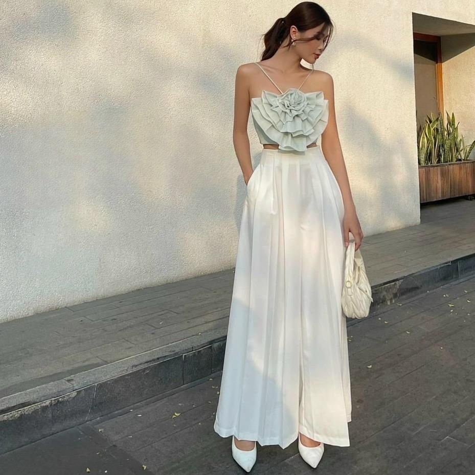 M748 - Long pleated wide-leg Basic pants | Shopee Singapore