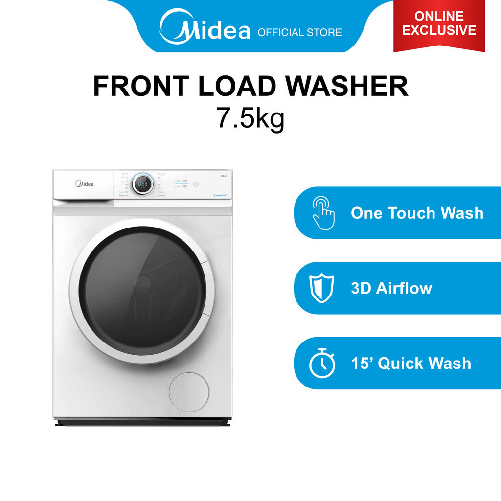 [Online Exclusive] Midea MF100W75 White Front Load Washer, 7.5kg, Water ...