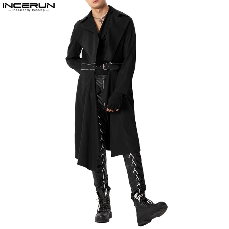 INCERUN Men Vintage Solid Color Waist Zipper Deconstructed Long Trench ...