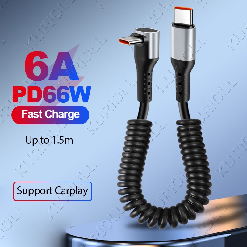 66W Spring 90 Degree USB Type C Cable 6A Fast Charge Type-C Cord for ...