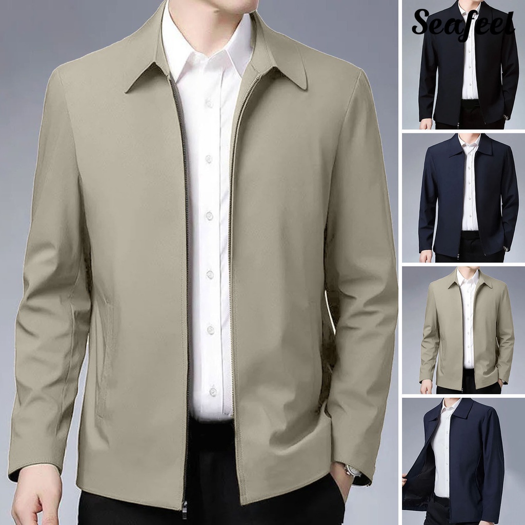 [SEA] Men Jacket Lapel Solid Color Mid-aged Elderly Men Long Sleeve ...