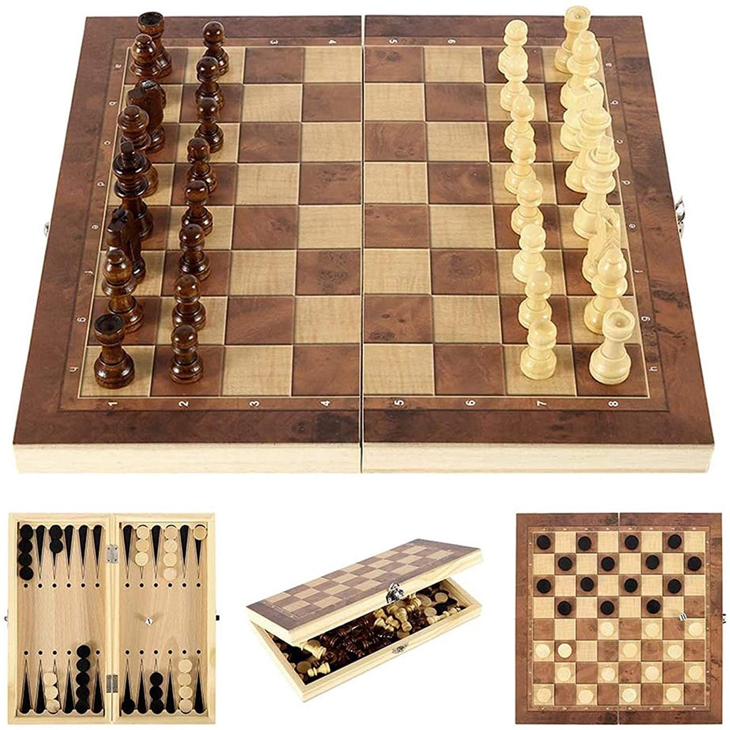 Portable 3 in 1 Wooden Chess Set Chess Board Checkers Backgammon Ideal ...