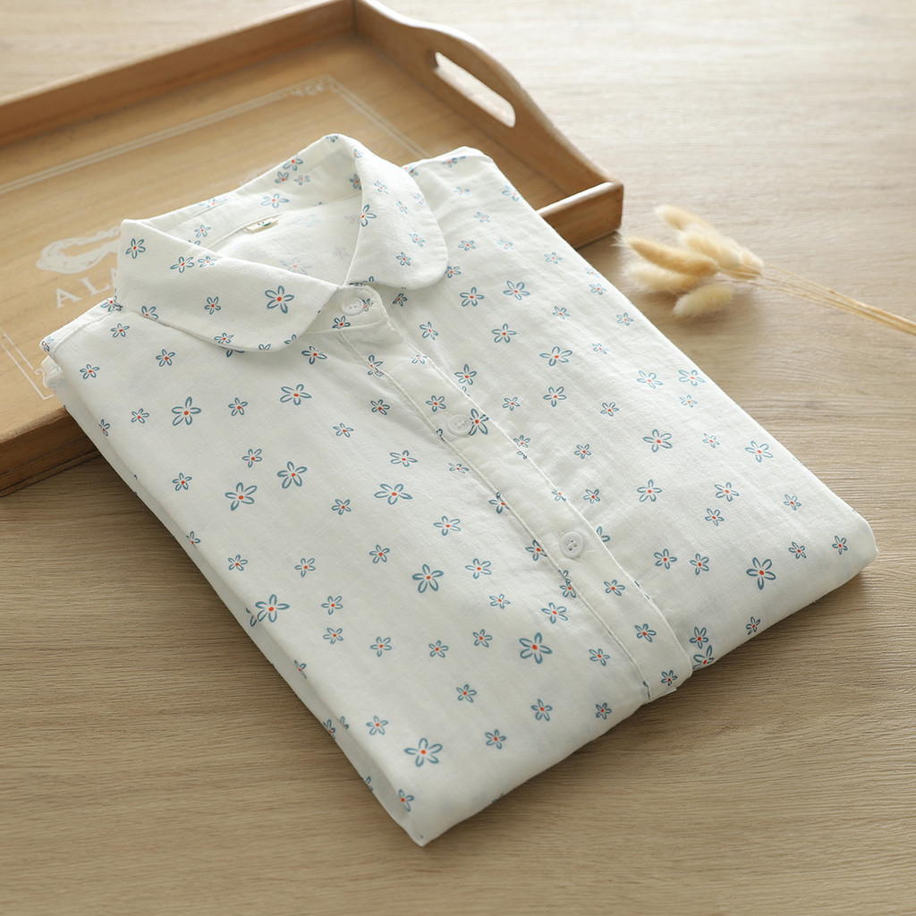 Double-layered Cotton Yarn Long Sleeve Blouse Women Small Orchid Floral ...