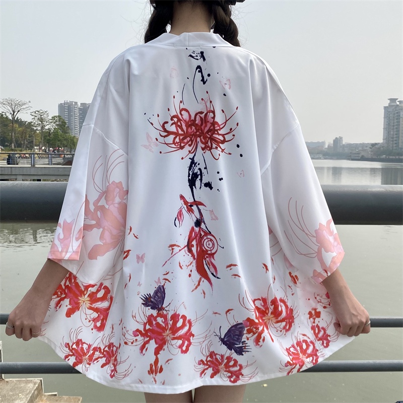 Japanese Flower Flower Print Haori Obi Belt Beach White Kimono Women's ...