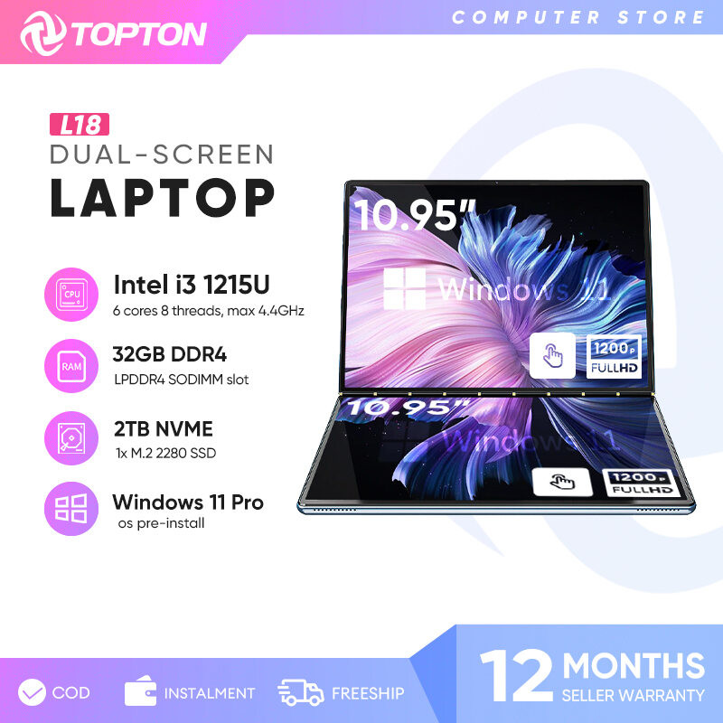 Duty free Topton 2 Screen Laptop In i3 1215U Dual 10.95inch IPS Touch Screen Windows 11 Office ...