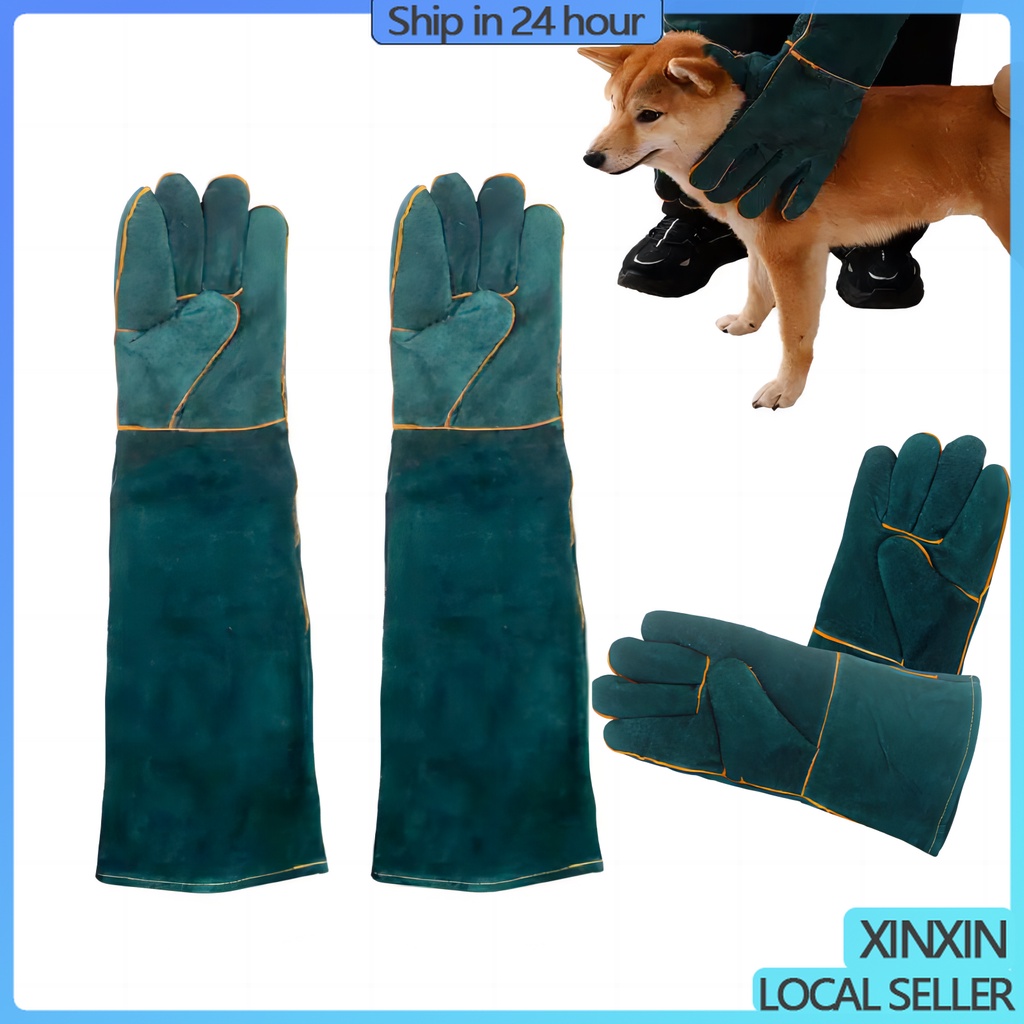 Anti-Bite Safety Gloves Ultra Long Leather Green Pets Grip Biting ...