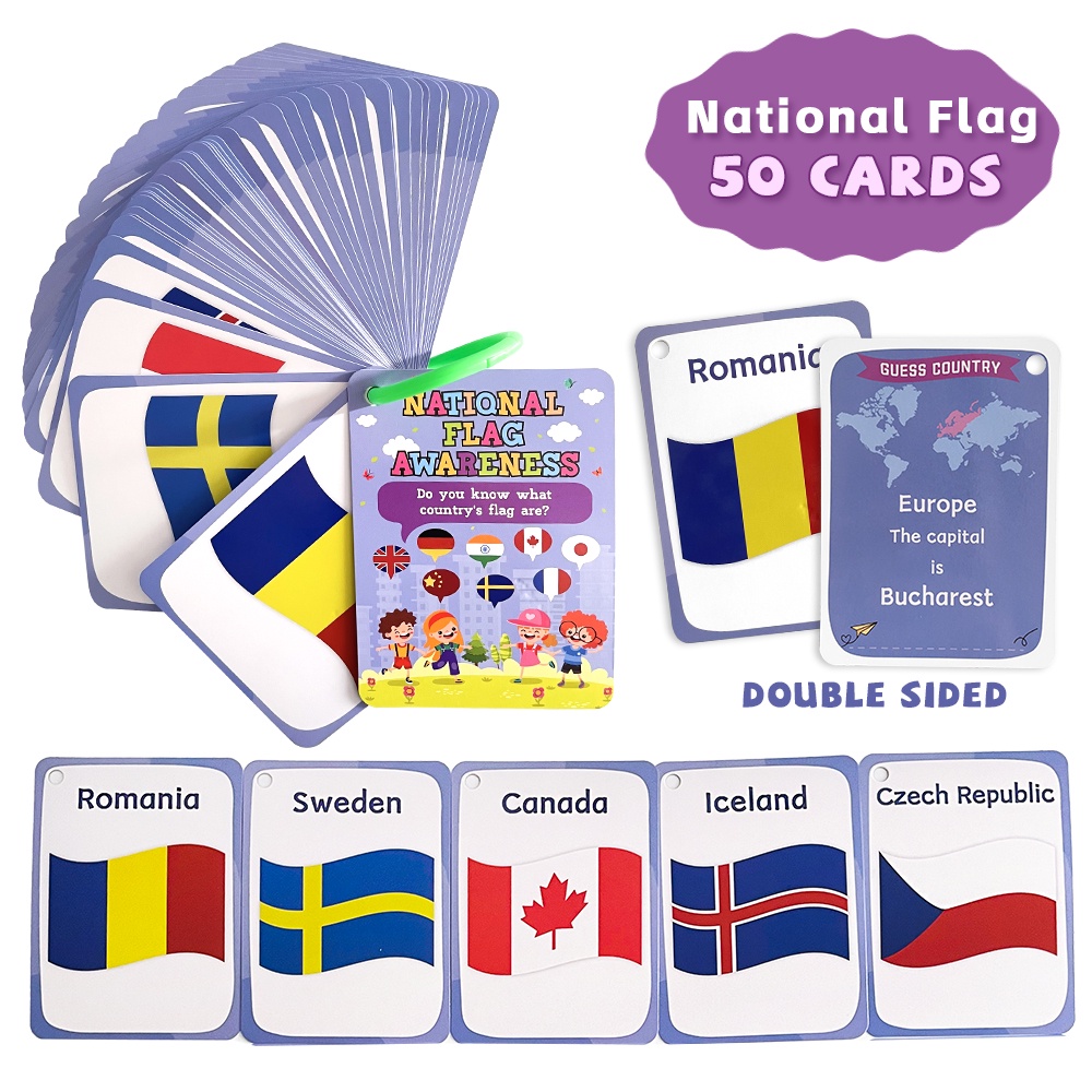 50 Cards Kids Learning National Flags English Words Educational ...