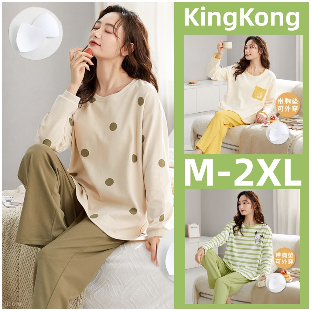 Chest Pad Pyjamas Women Cotton Sleepwear Woman Long sleeves Pajamas ...