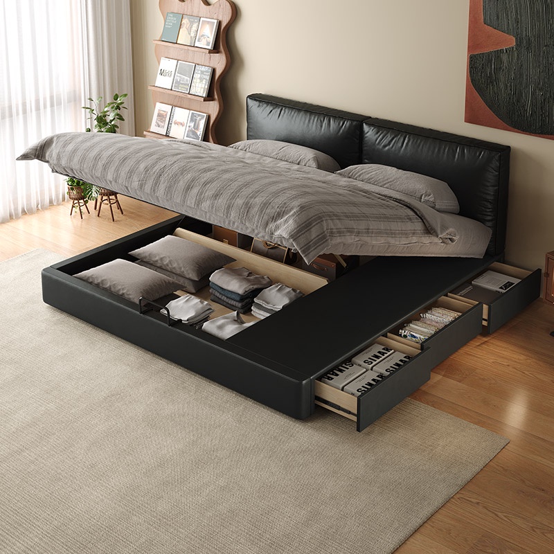 Tofu Block Leather Bed Light Luxury Bed Frame with Drawers in Bedroom ...