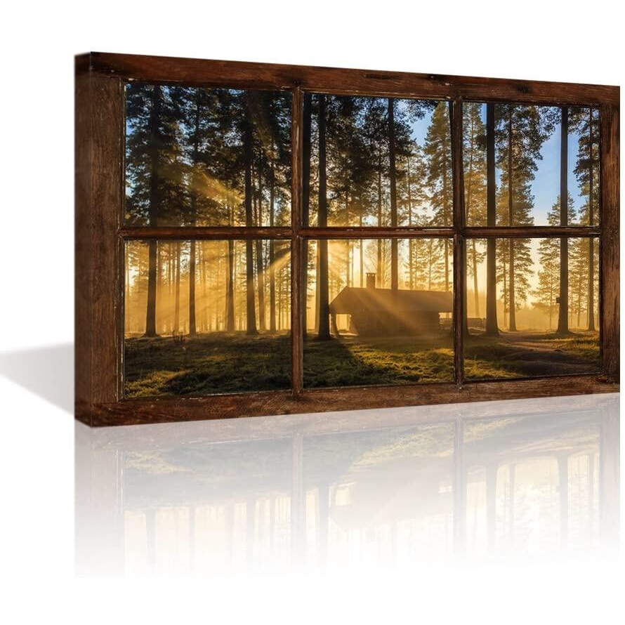 Large Retro Vintage Fake Window Frame Sunshine Forest Painting Prints ...