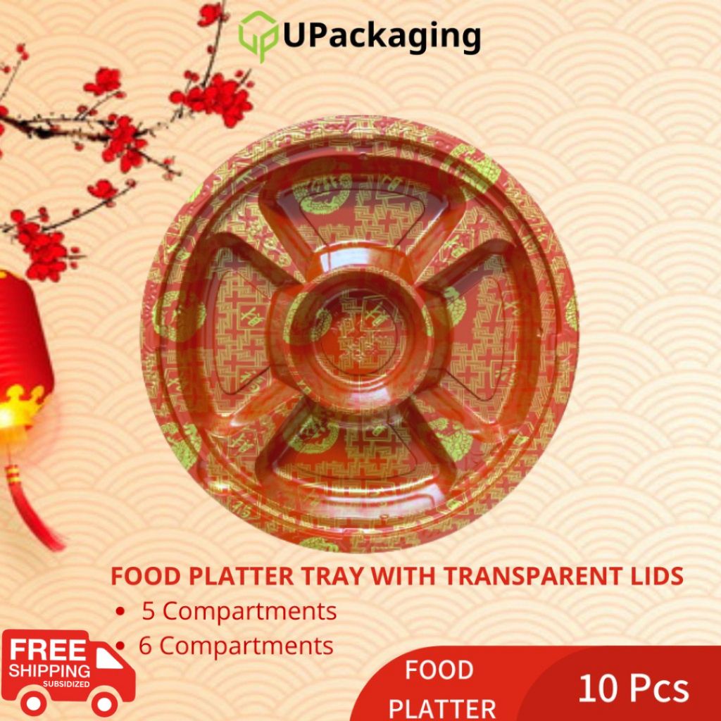 [10 Pcs]FOOD PLATTER RED TRAY Compartment Round Sushi Trays with Lids ...