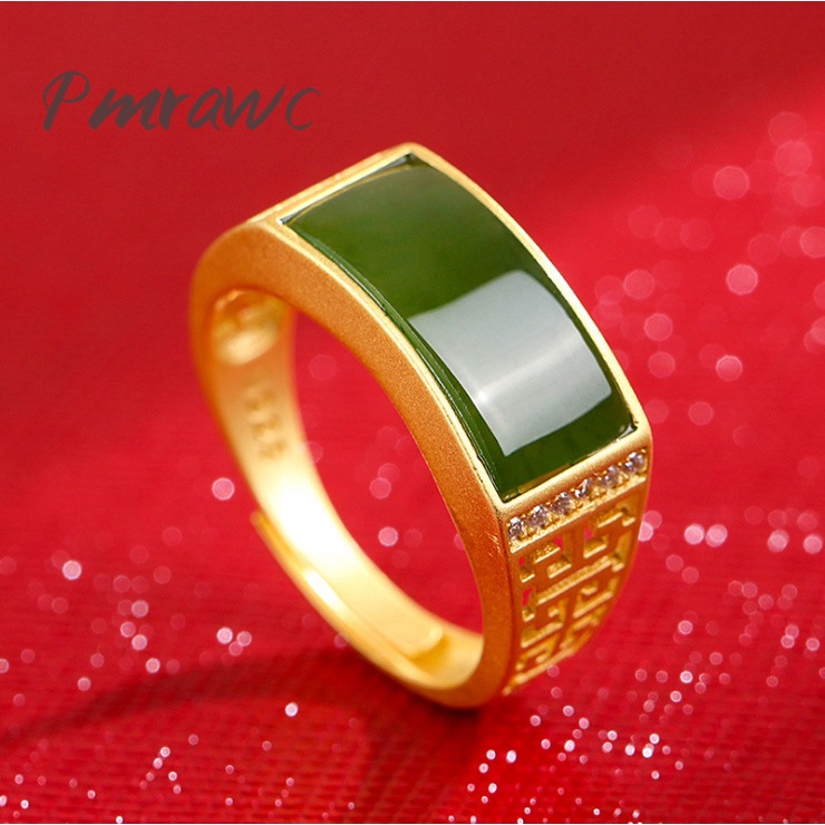 Pmrawc | 18K Gold Hetian Jade Ring S925 Silver Gilding Long Open Square ...