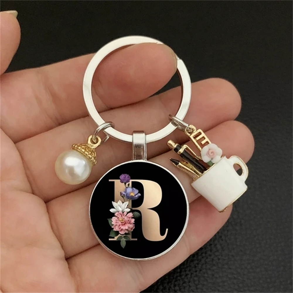 Elegant Imitation Pearl Key Chain Charm Enamel Pen Holder 26 Letters ...