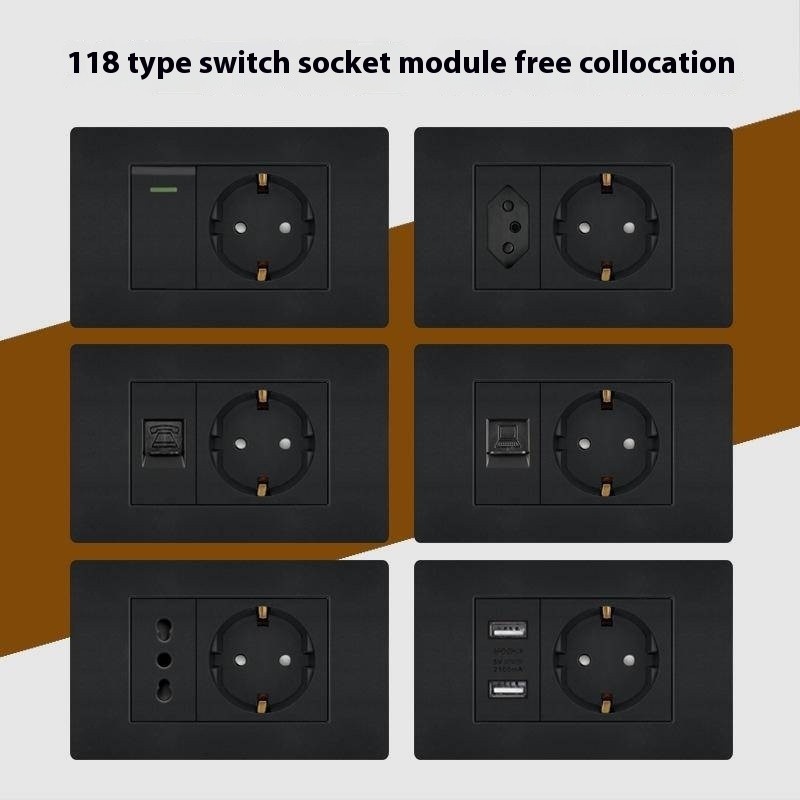 118 type German Black Switch Socket Panel with usb+type C European ...