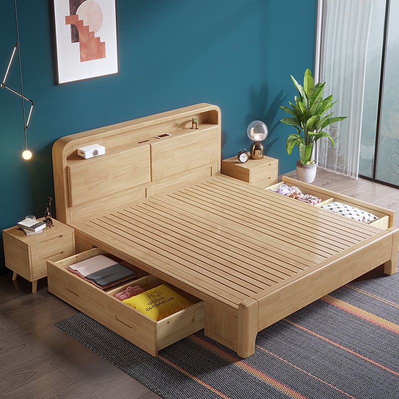 Nordic Solid Wood Bed 2m Double Bed Modern Simple Main Bed 2m with Lamp ...