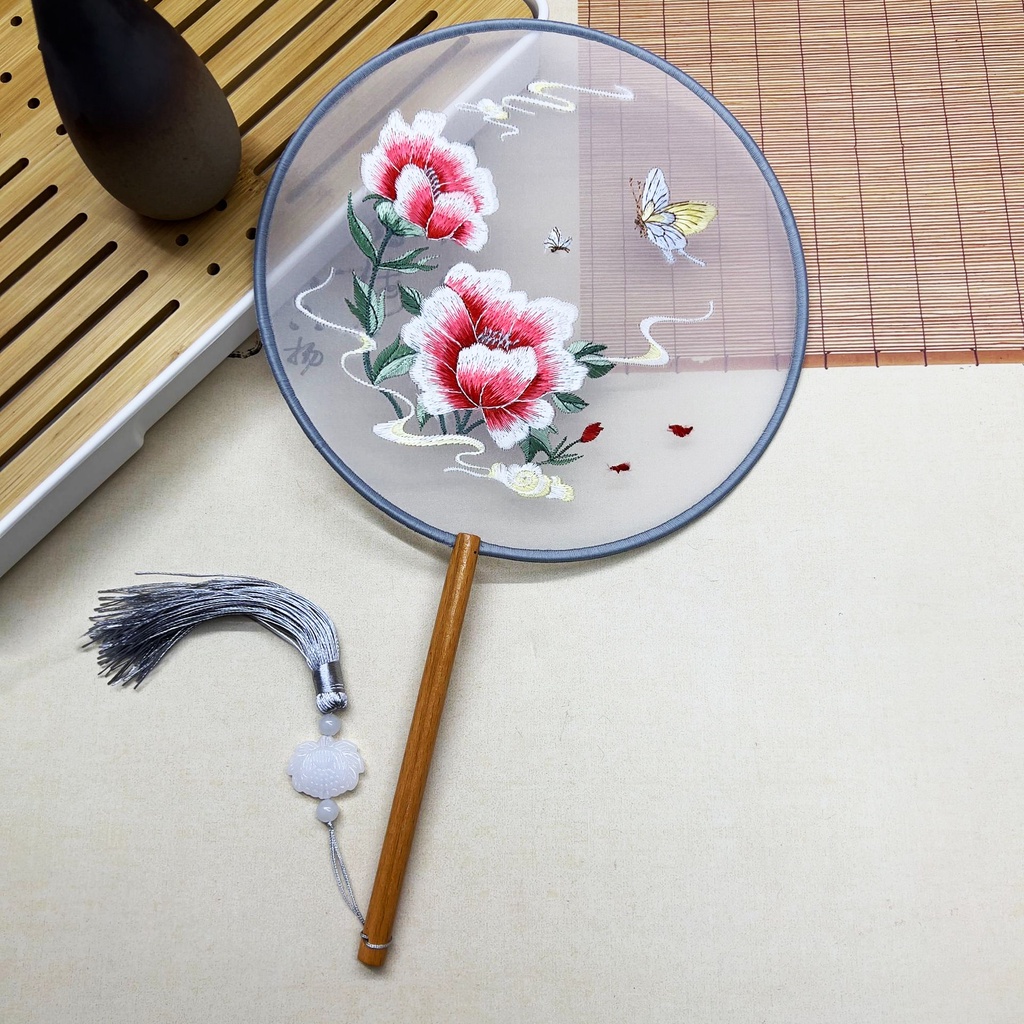 Double Sided Embroidery With Peony Fan Embroidery With Silk Wrapping ...
