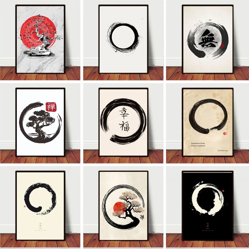 New Zen Enso Circle Japanese Style Ink Sumi-e Bonsai Sakura Poster Prints Wall Art Canvas ...