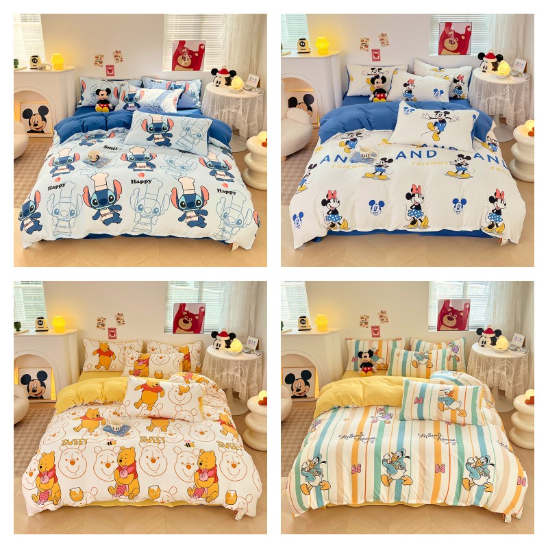 4 IN 1 Cartoon Style Bedding Set Washed Cotton Stitch Print Bed Sheet ...