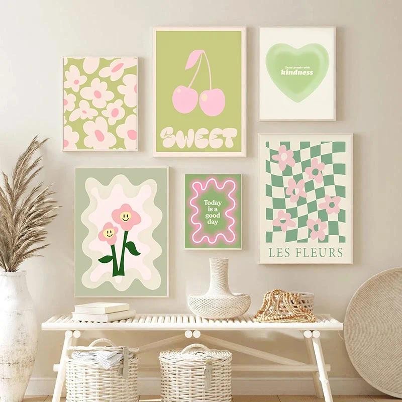 Boho Green Heart Fashion Colourful Cherry Pink Green Canvas Painting ...