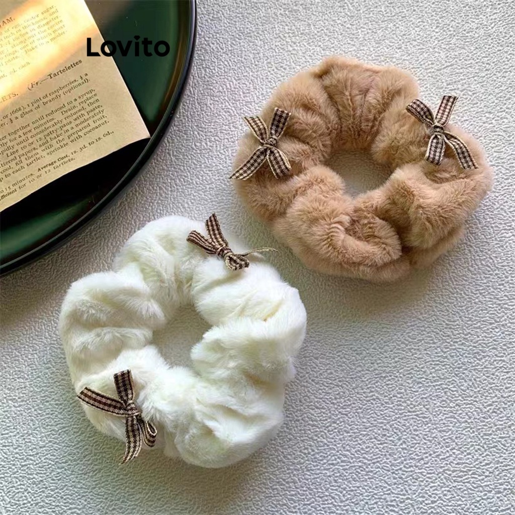 Lovito Cute Plain Bow Fuzzy Hair Ties for Women LFA08208 (Coffee/White ...