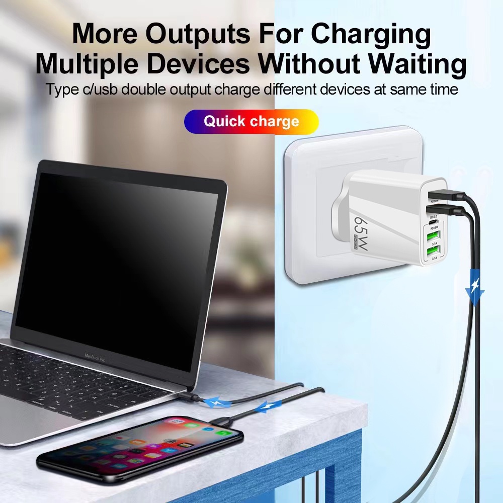 65W USB 3 Pin UK Plug Wall Charger 5-Port Fast Charging Block USB C ...