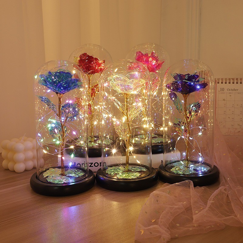Valentine's Day Gift Artificial Rose Flower LED Light Foil Flower Glass ...