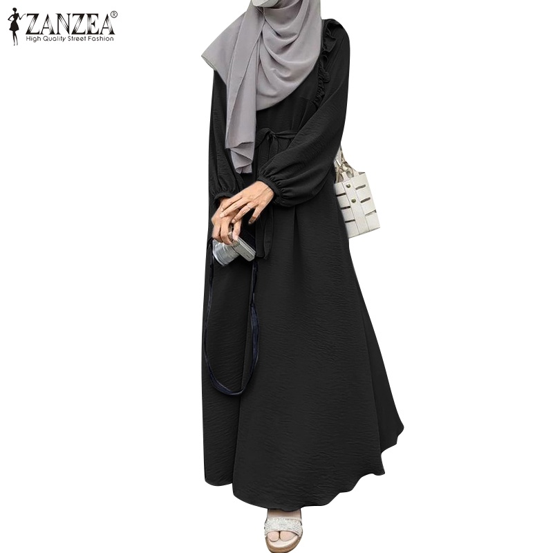 ZANZEA Women Muslim Lantern Sleeves Split Back Neck Detachable Belt ...