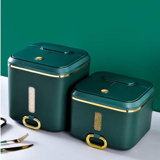 DH Jade green Kitchen Rice Storage Box Organizers Bucket golden edge ...