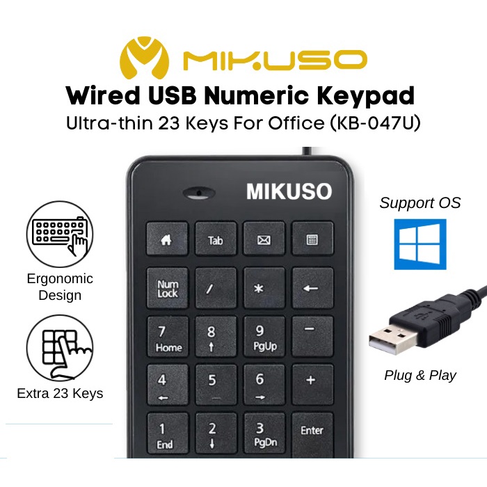 MIKUSO KB-047U 23 Keys Slim Wired USB Number Pad | Portable Keyboard Numberic Numpad PC Laptop ...