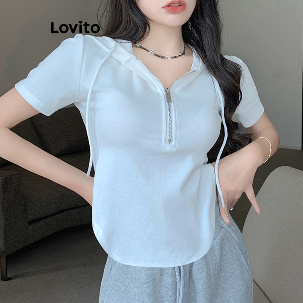 Lovito Casual Plain Zipper T-Shirt for Women LNA21177 (White/Black ...