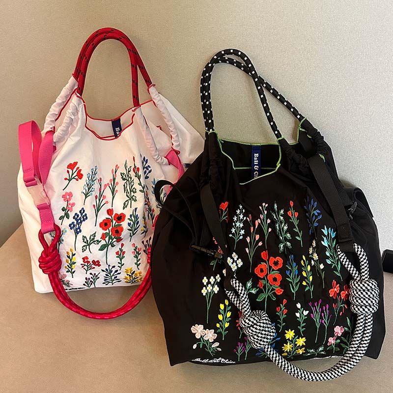Japanese ball chain Flowers Eco-friendly Cloth Bag Embroidered Nylon ...
