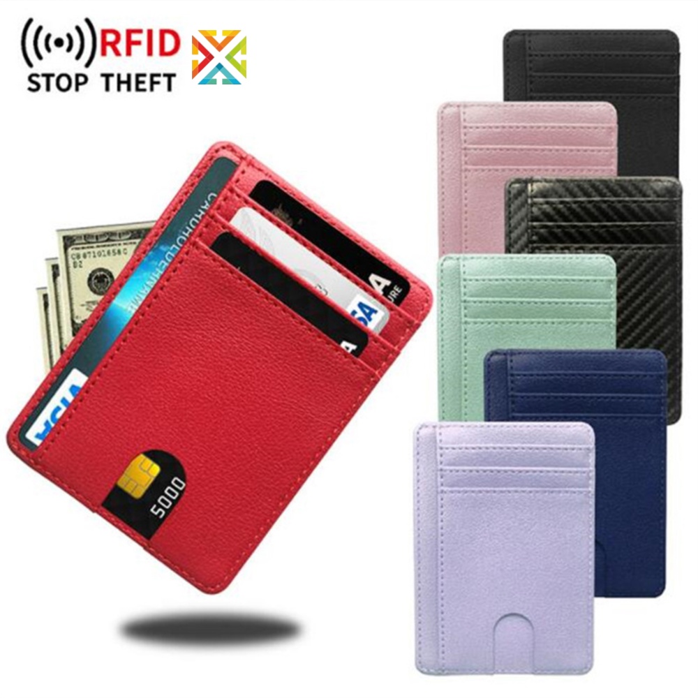 Anti-scan Leather Slim ID Credit Card Holder RFID Blocking Thin Small ...