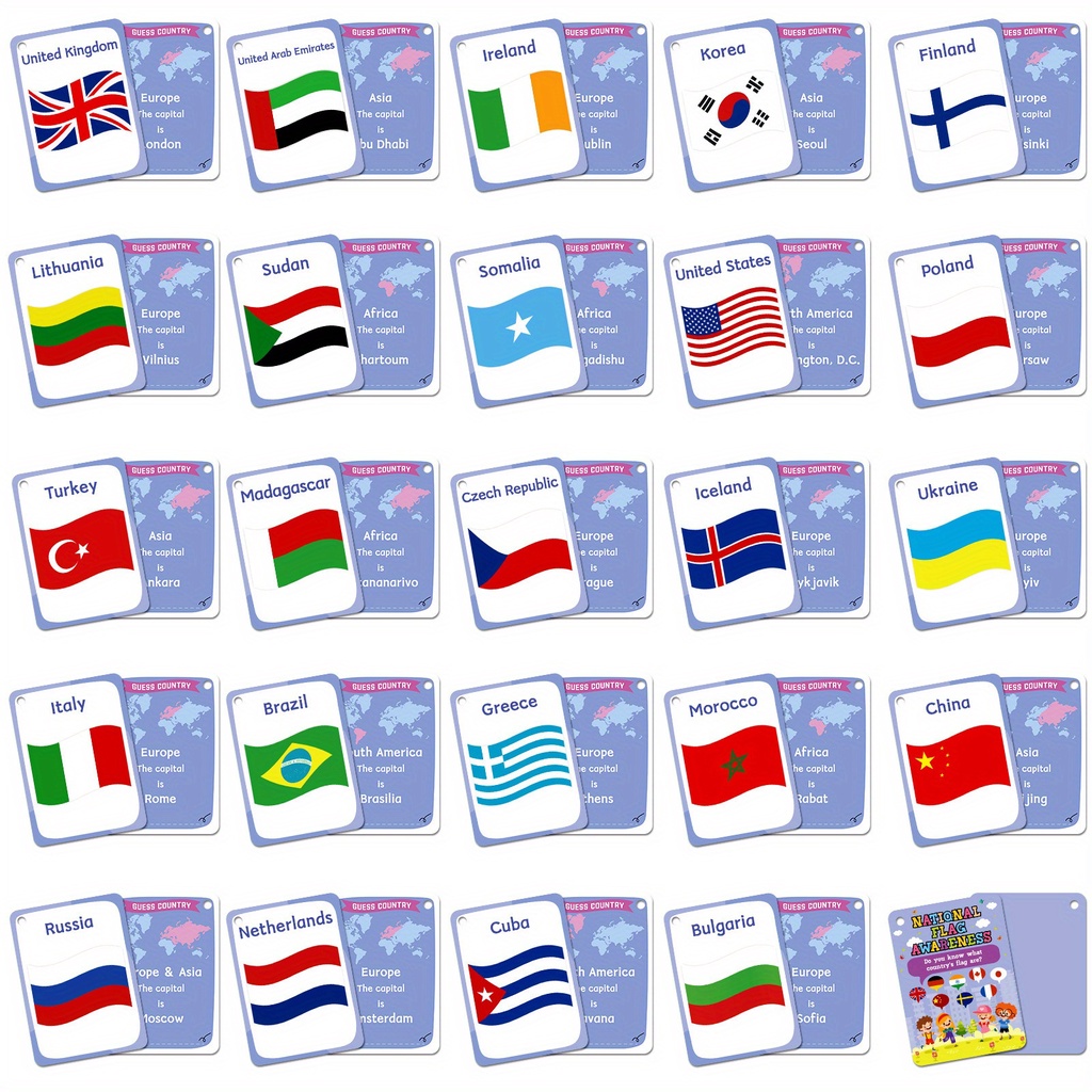 50 Cards Kids Learning National Flags English Words Educational ...