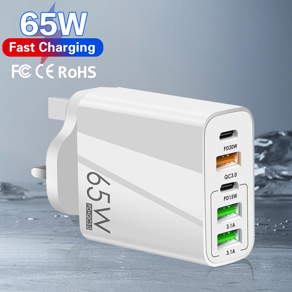 65W USB 3 Pin UK Plug Wall Charger 5-Port Fast Charging Block USB C Charger Dual Port PD+QC Wall ...